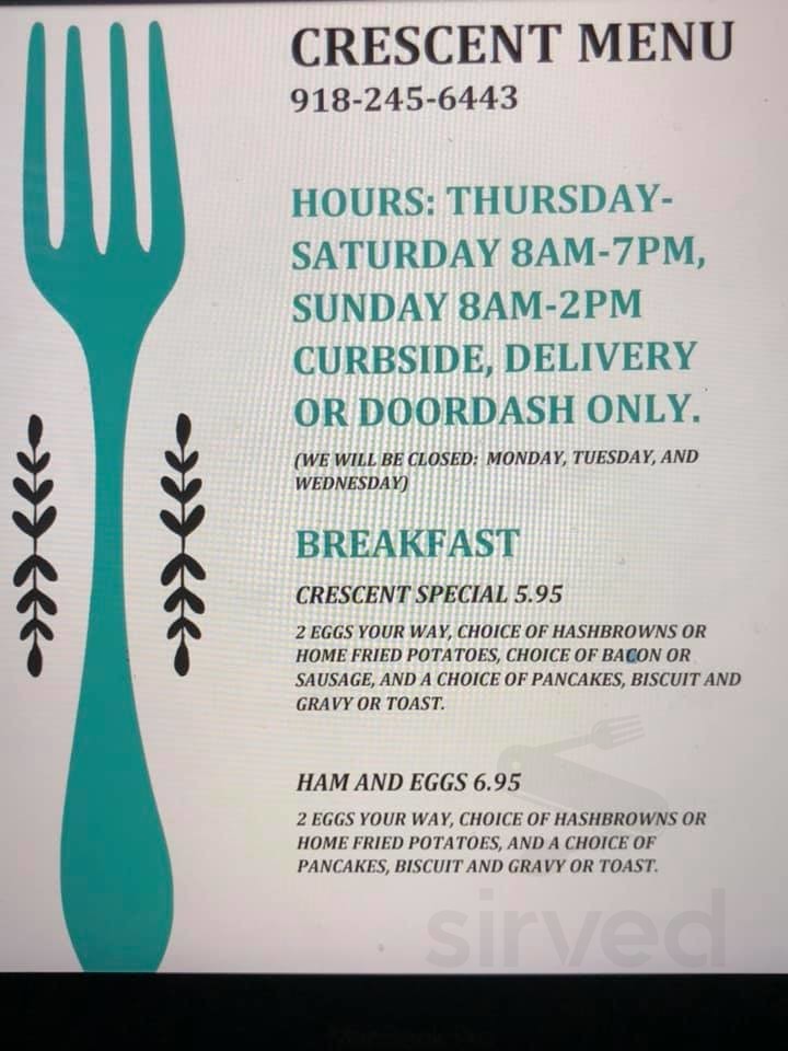 Crescent Cafe menu in Sand Springs, Oklahoma, USA