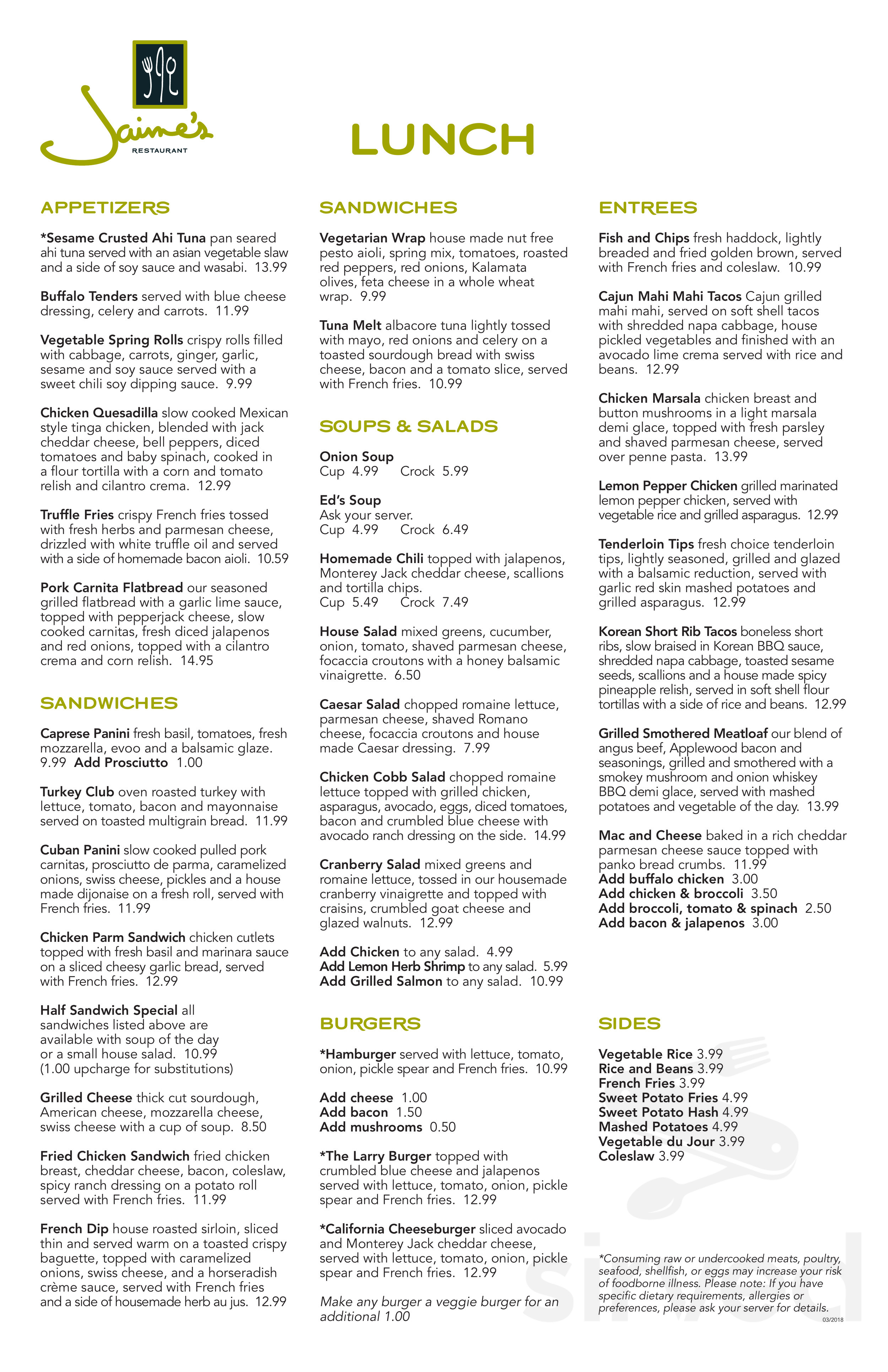 Jaime's Restaurant menu in North Andover, Massachusetts, USA