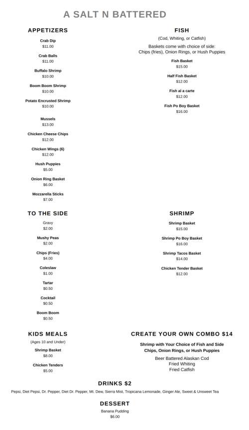 A Salt n Battered, a Fish Fry and Bar Co. menu in Charleston, South ...