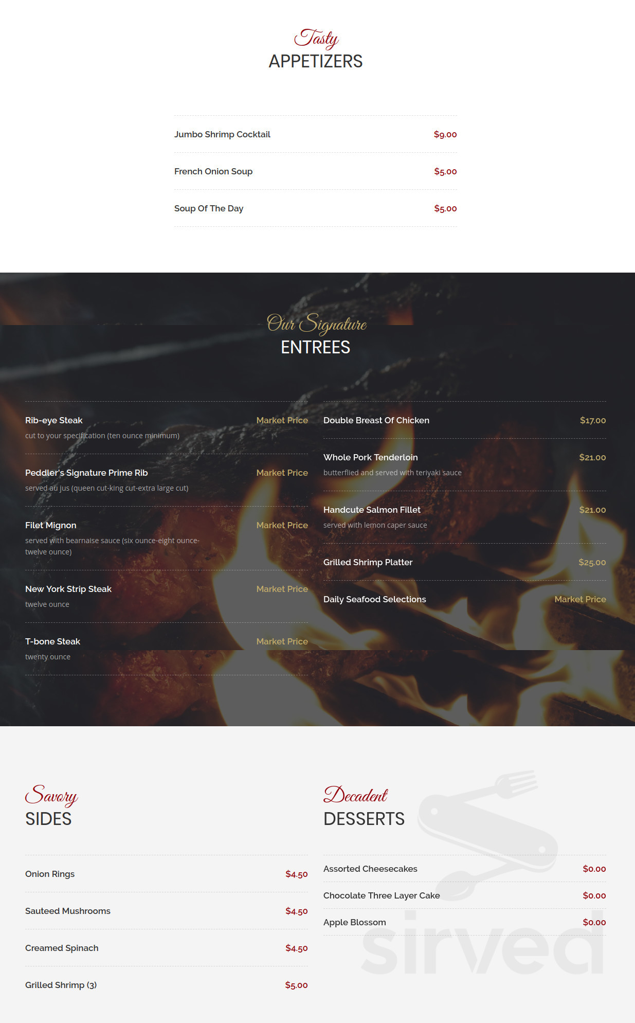 Menu for Peddler Steak House in Greenville, SC | Sirved