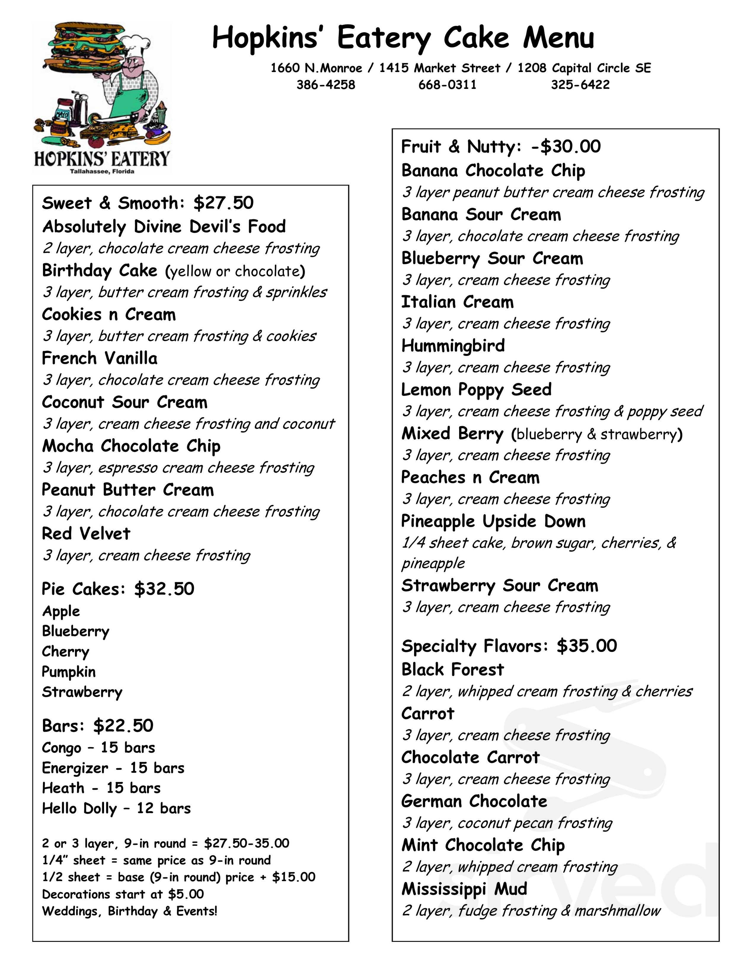 Hopkins Eatery menu in Tallahassee, Florida, USA