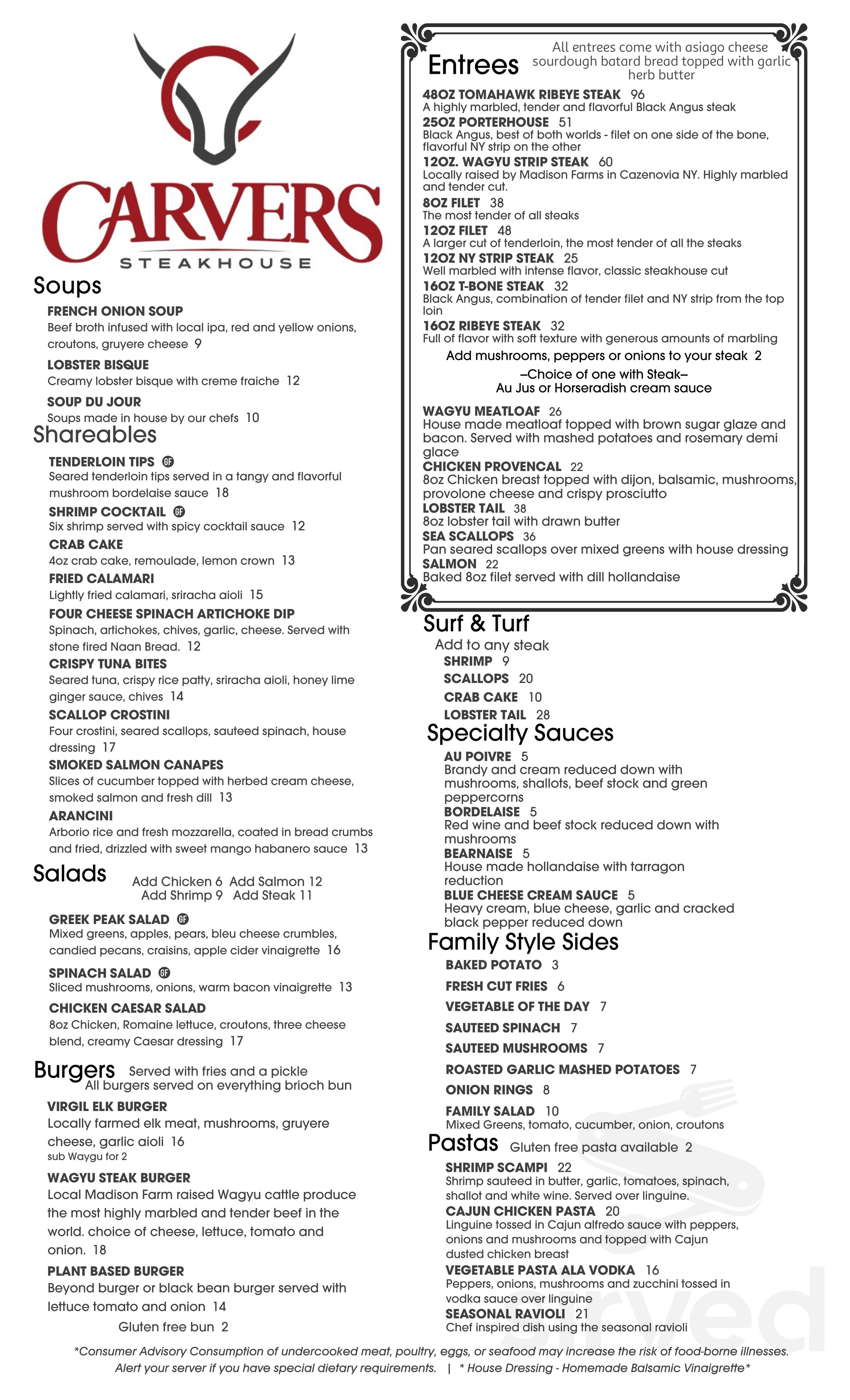 Carvers Steakhouse menu in Cortland, New York, USA