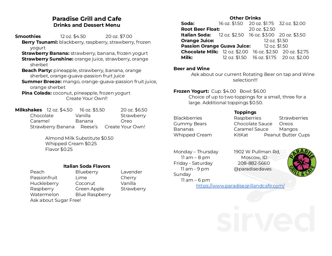 Menu - Moscow ID's Paradise Grill and Cafe | Sirved
