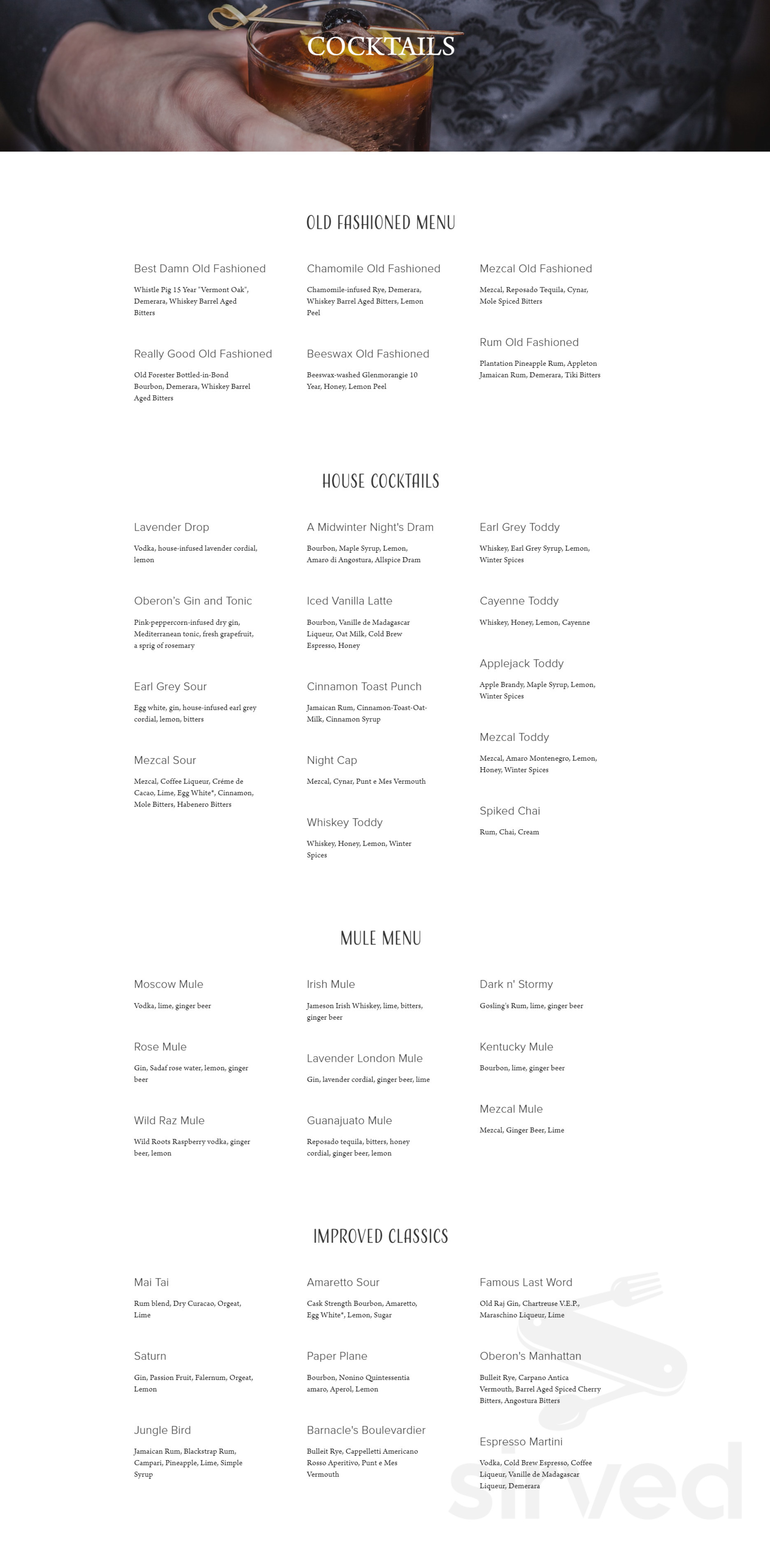 Menu for Oberon's Restaurant & Bar in Ashland, OR | Sirved