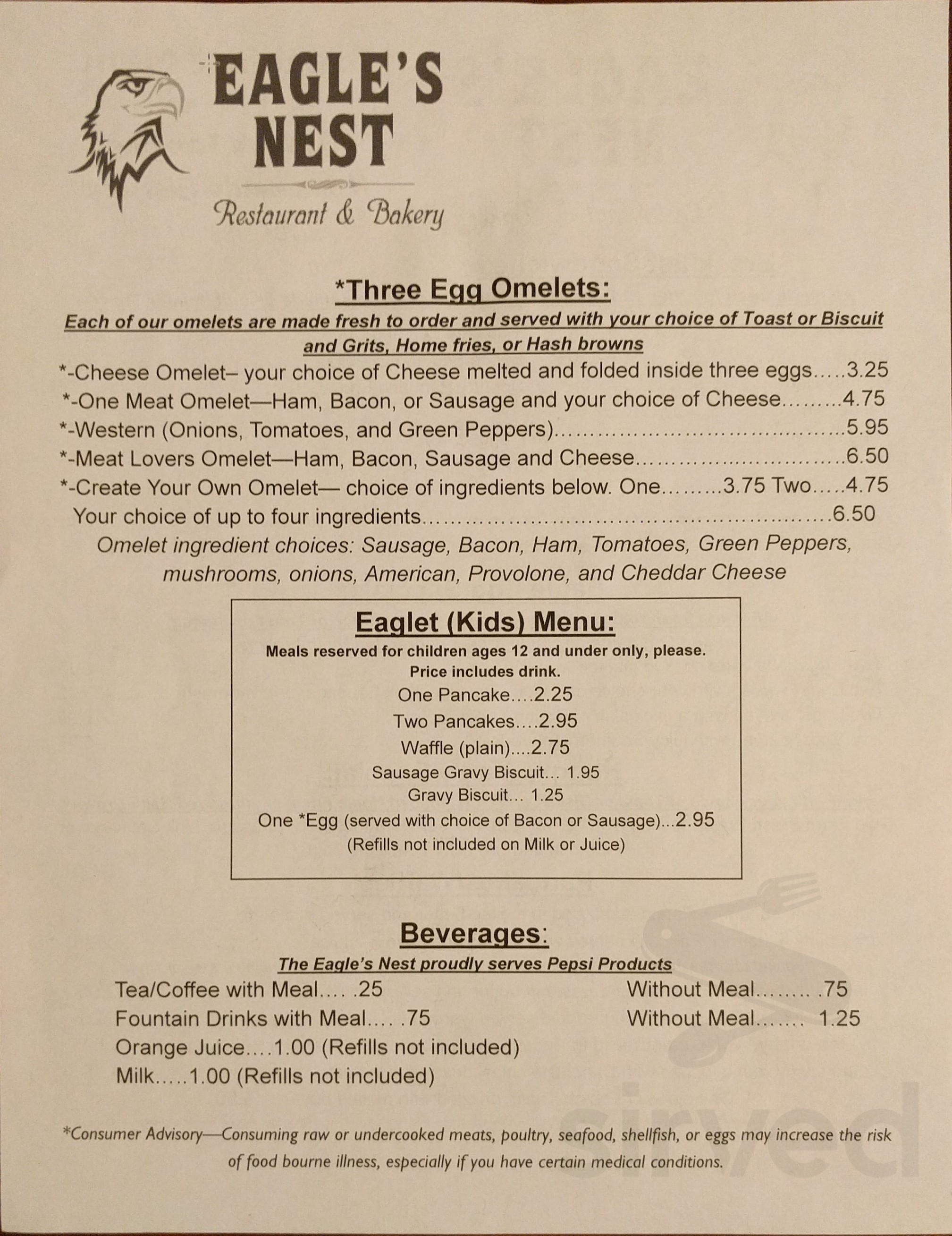 The Eagles Nest Restaurant & Bakery menu in Oakboro, North Carolina, USA