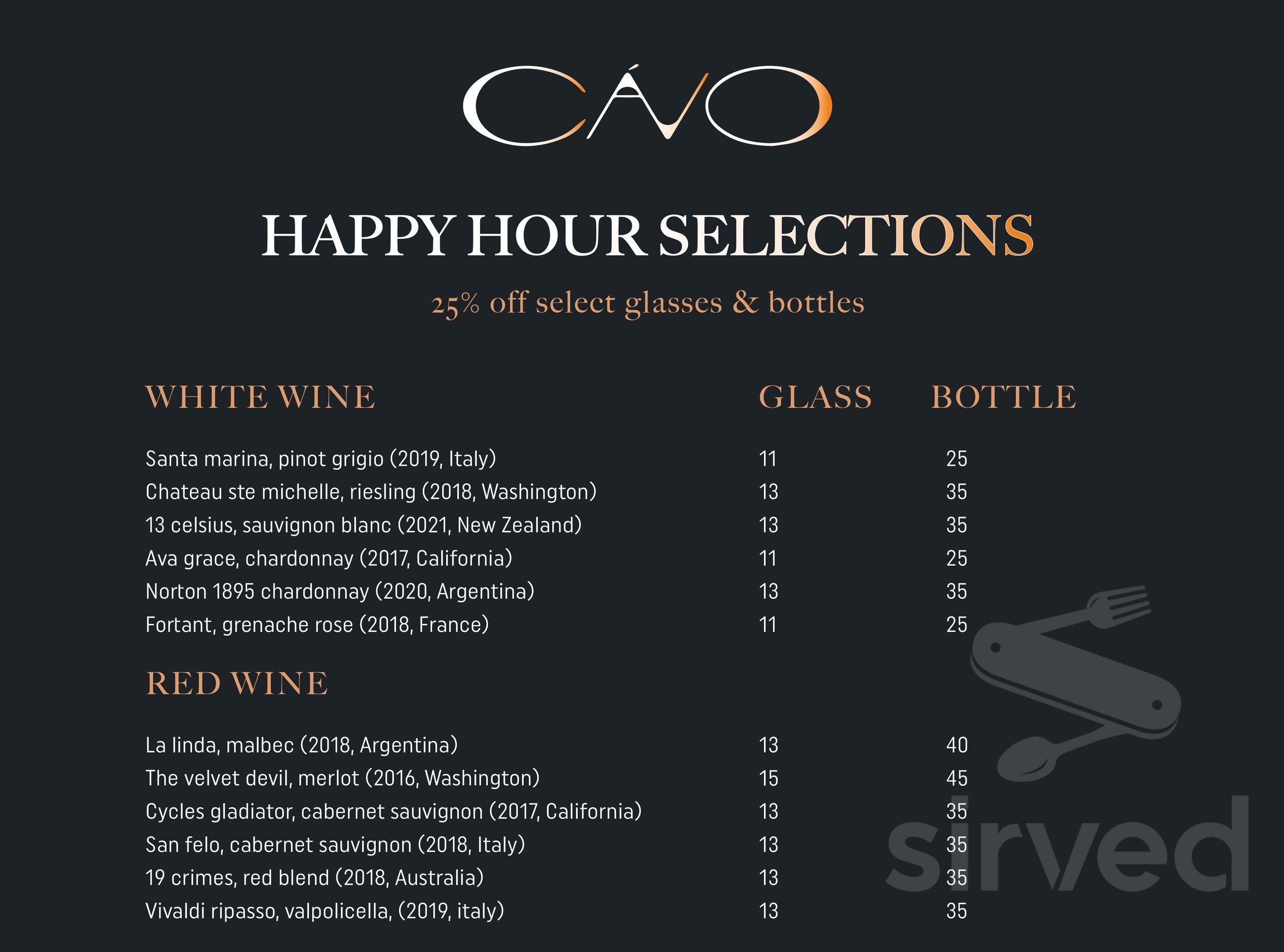 Cavo Lounge menu in Naples, Florida, USA