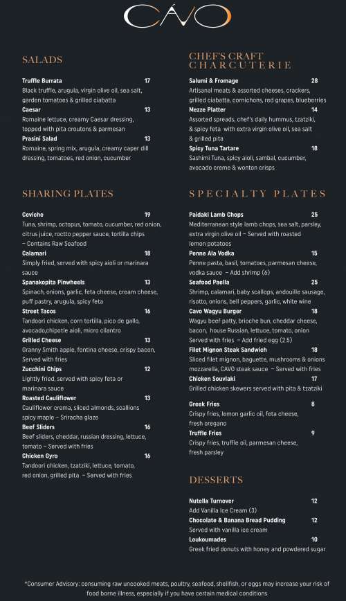 Cavo Lounge menu in Naples, Florida, USA