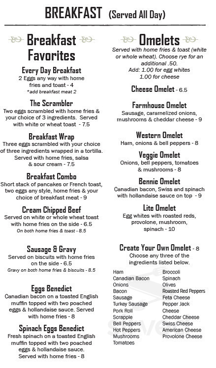 Kelly's menu in Thorndale, Pennsylvania, USA