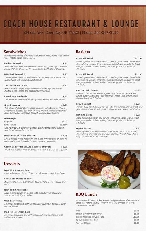 Coach House menu in Coos Bay, Oregon, USA