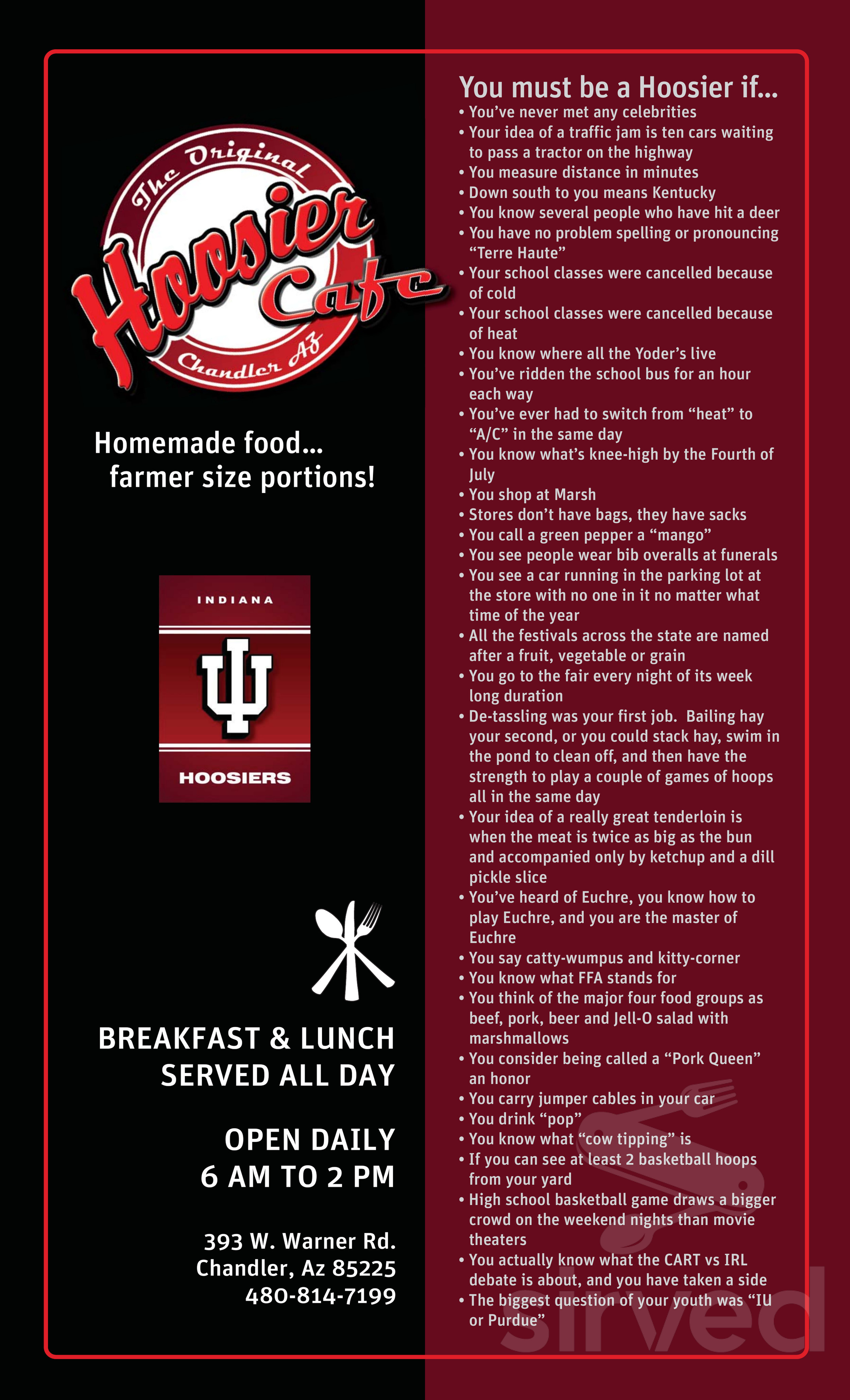 Menu for Hoosier Cafe in Chandler, AZ | Sirved