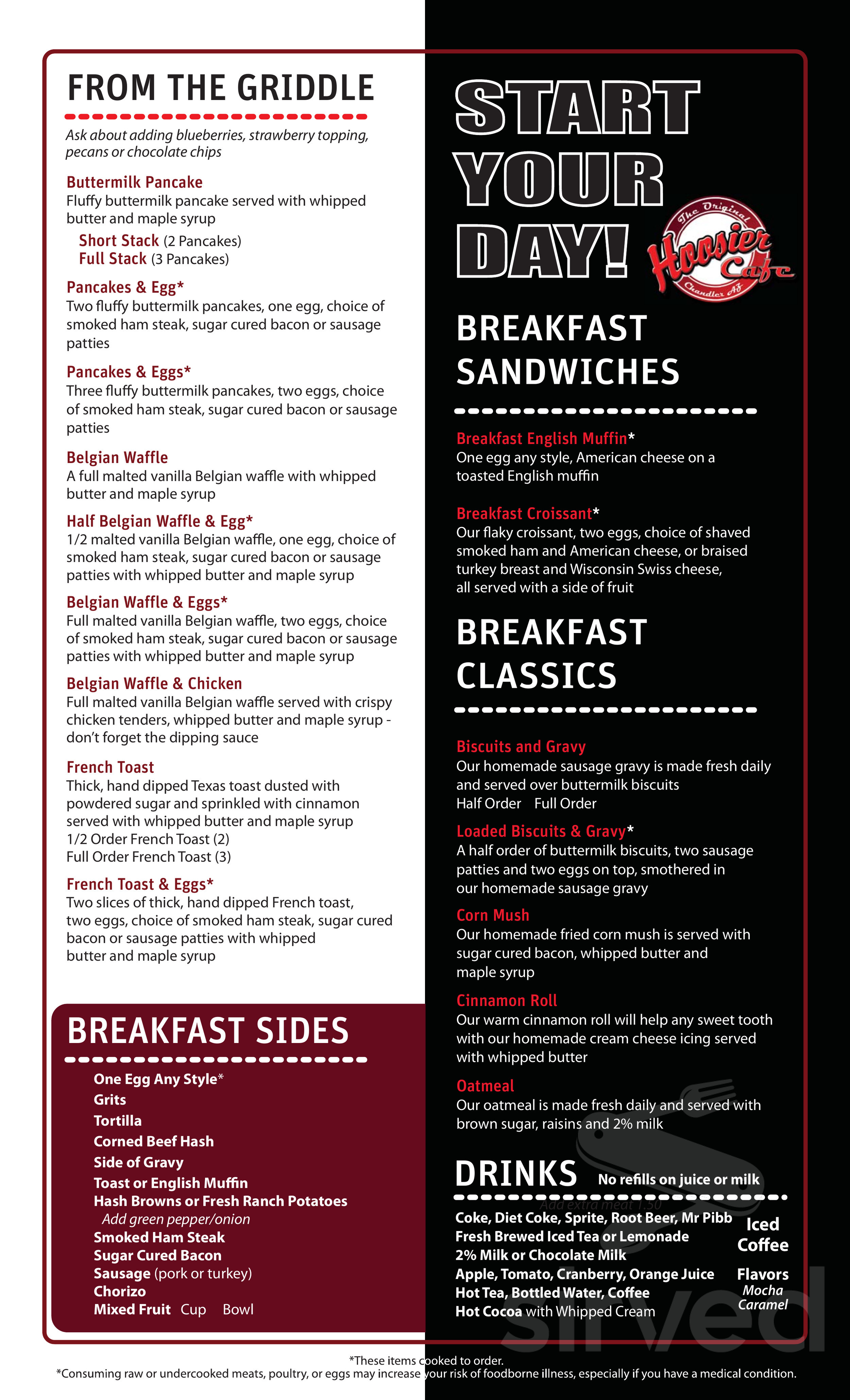 Hoosier Cafe menu in Chandler, Arizona, USA