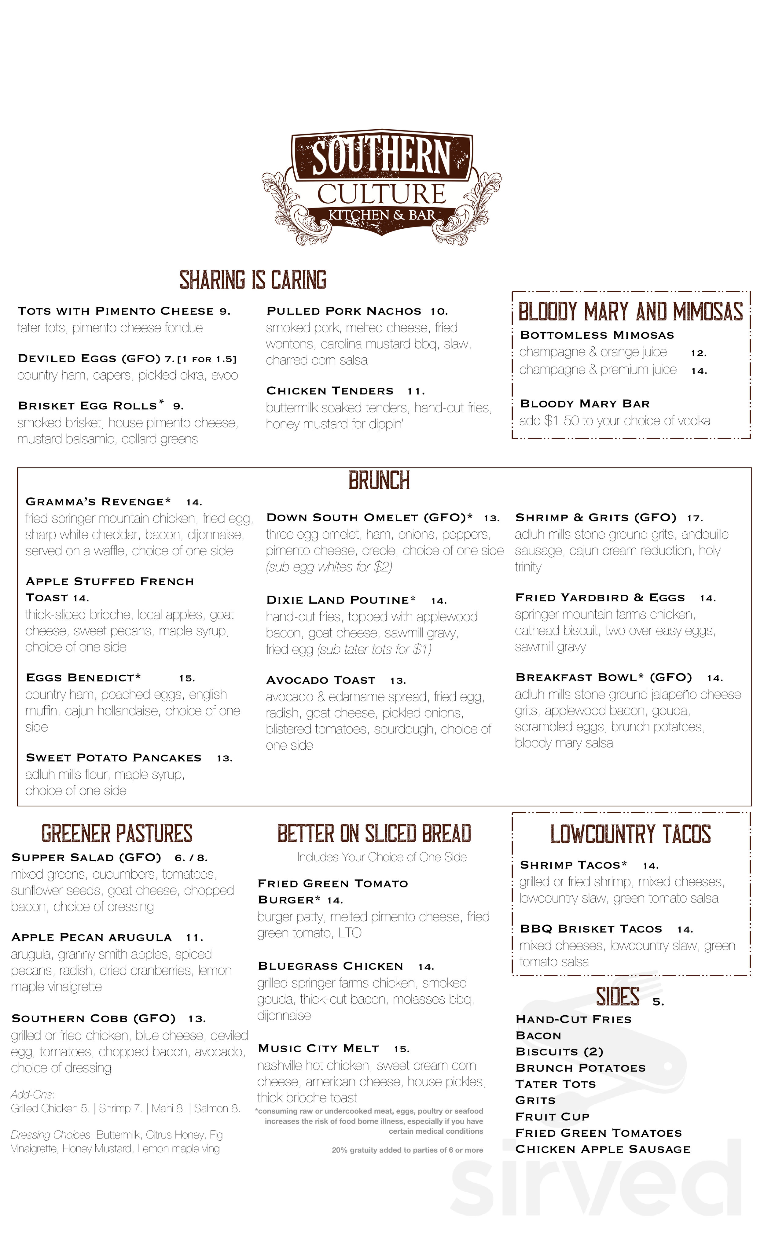 Southern Culture Kitchen and Bar menu in Greenville, South Carolina, USA