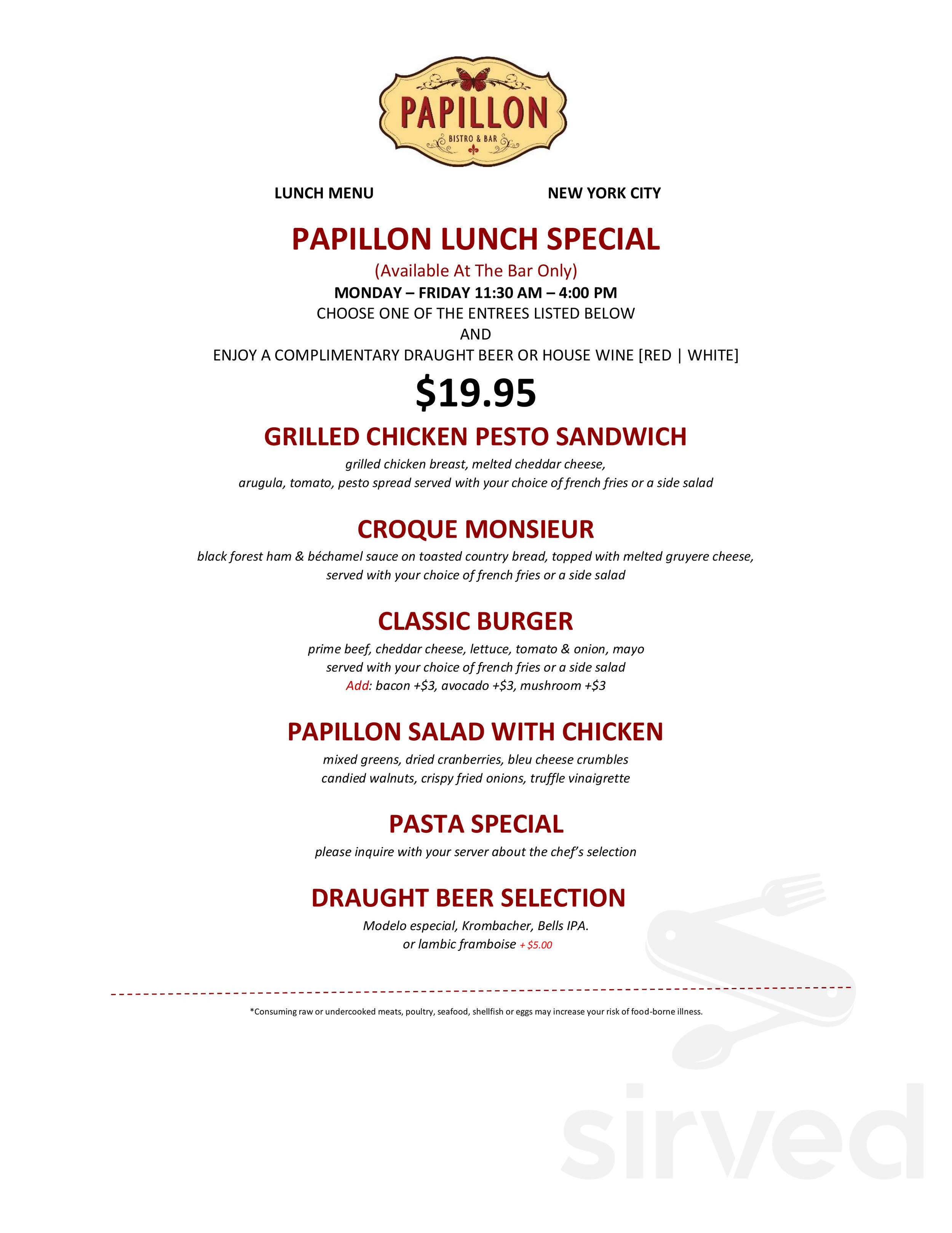 Papillon Bistro & Bar menu in New York, New York, USA