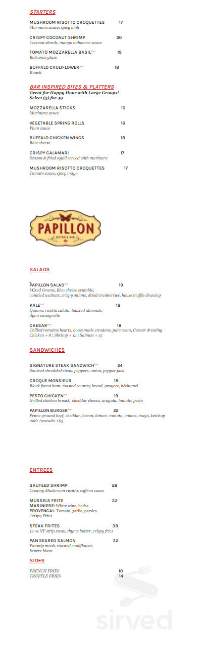 Papillon Bistro & Bar menu in New York, New York, USA