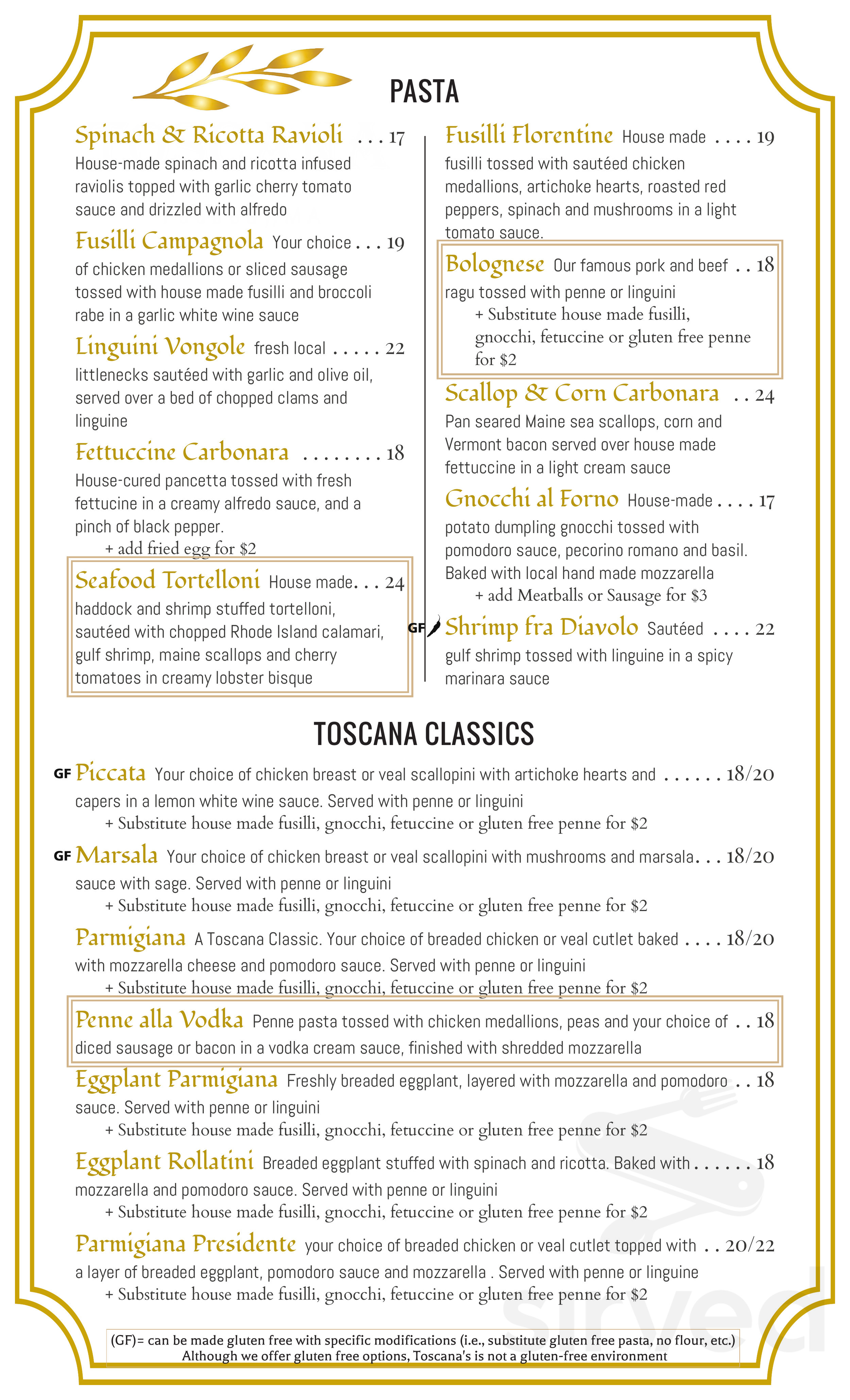 Toscana's Ristorante menus in Peabody, Massachusetts, United States
