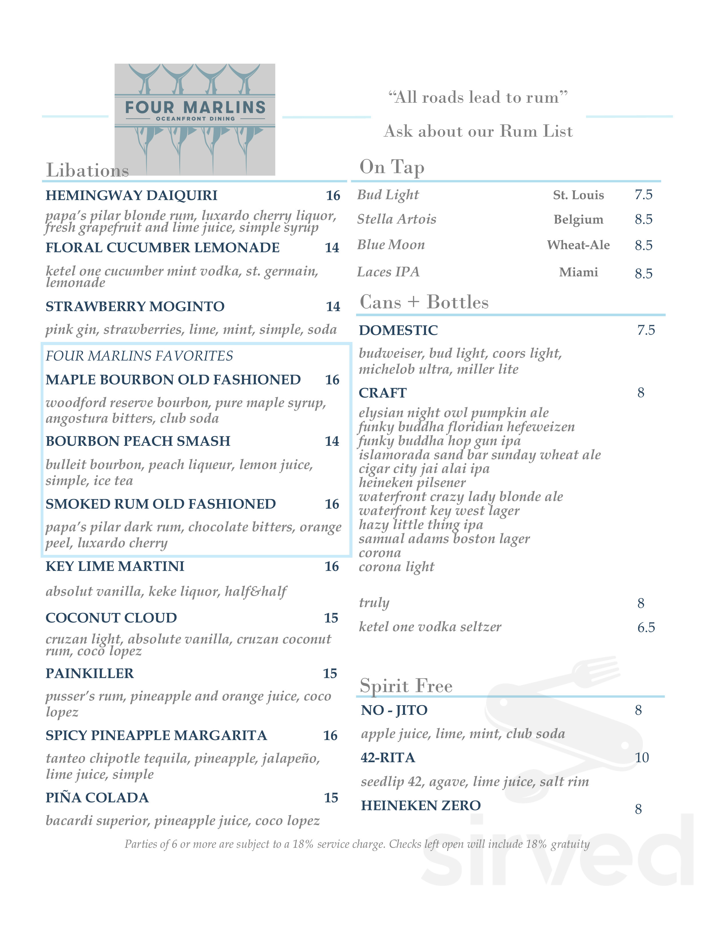 Four Marlins Oceanfront Dining menu in Key West, Florida, USA