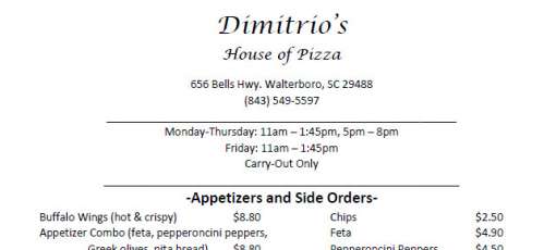 Menu for Dimitrio's House of Pizza in Walterboro, SC | Sirved