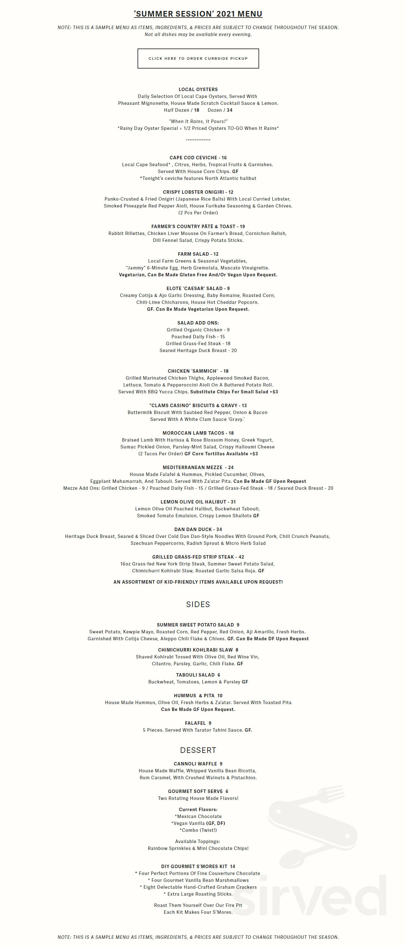 The Pheasant menu in Dennis, Massachusetts, USA