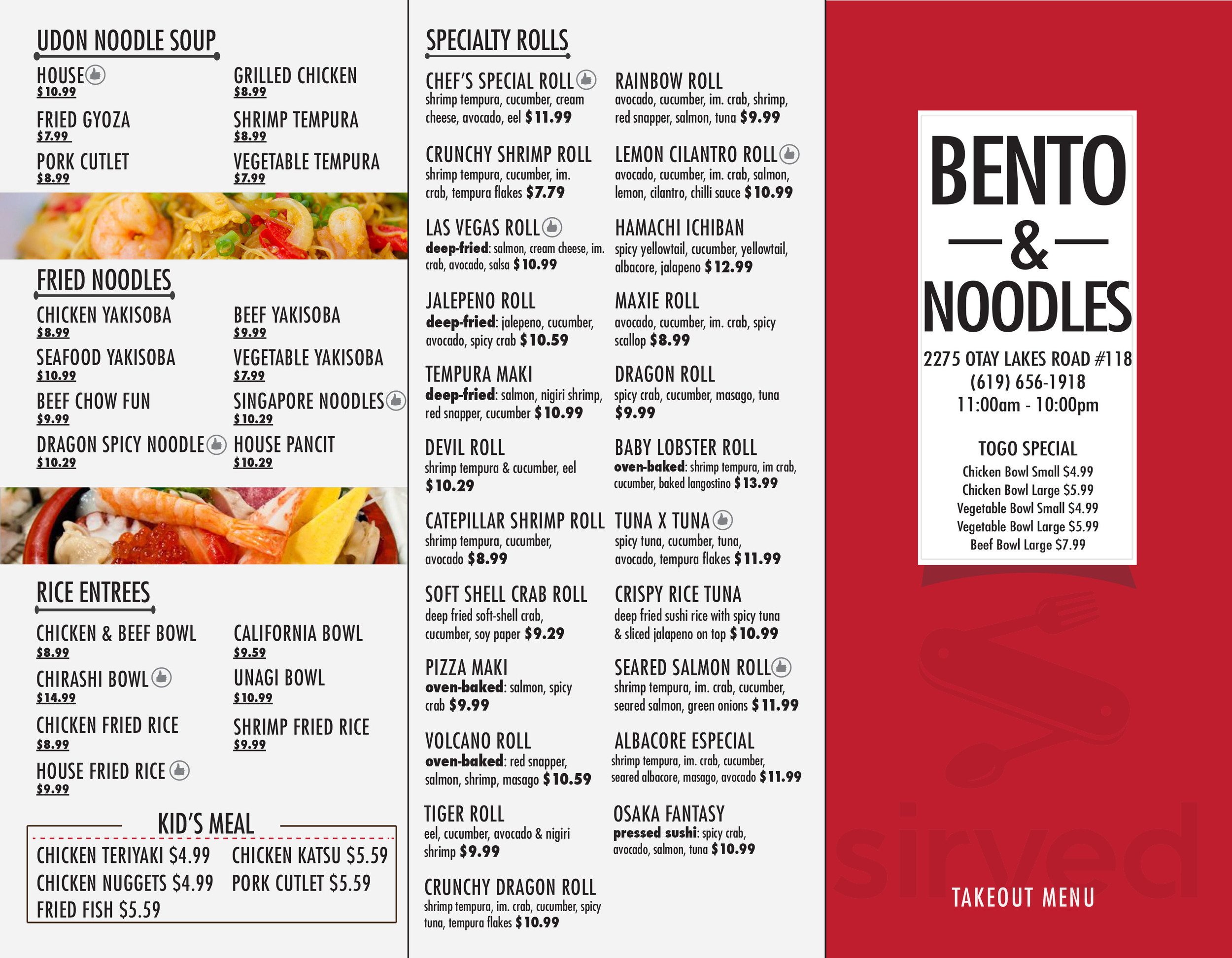 Bento & Noodles Eastlake menu in Chula Vista, California, USA