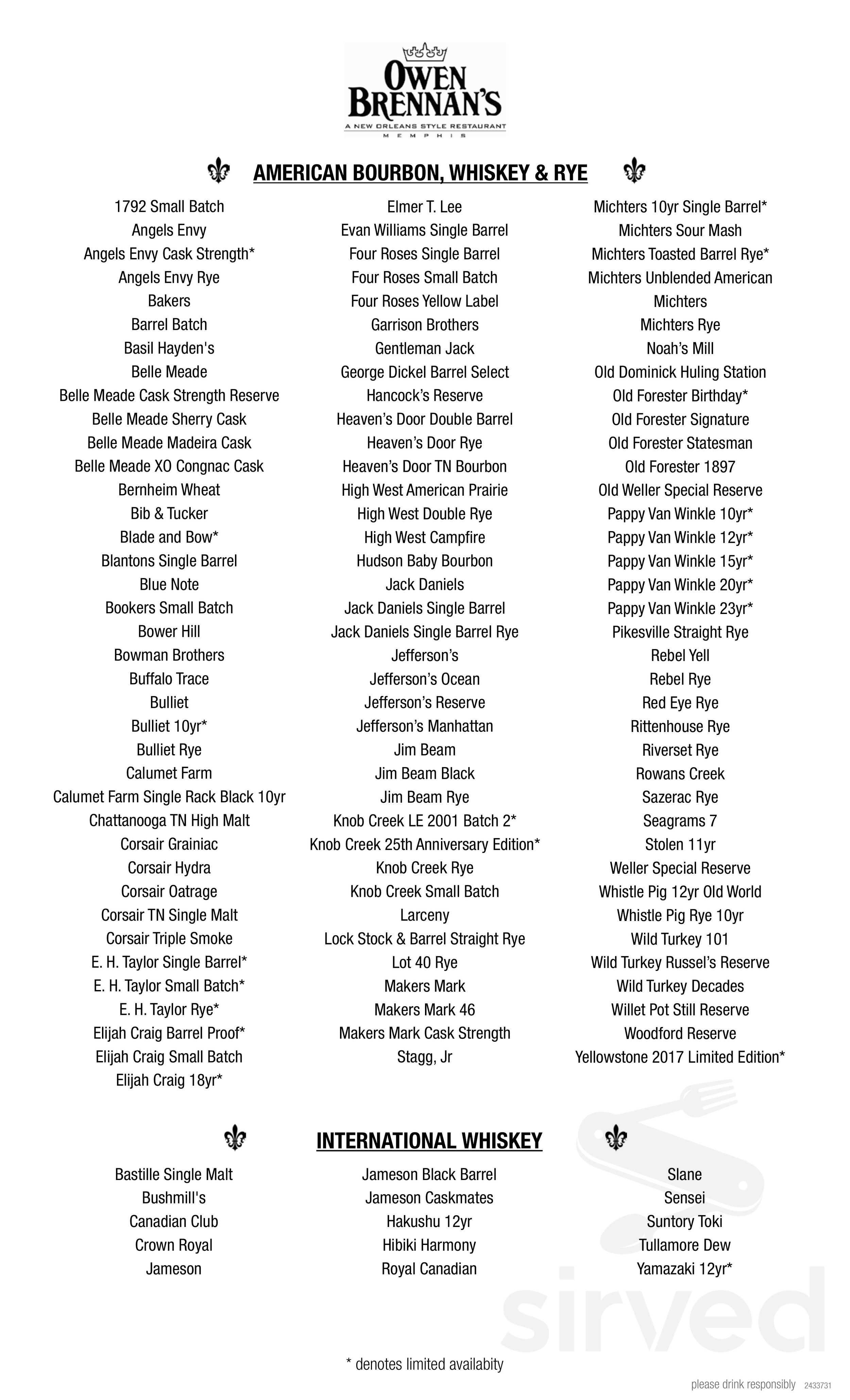 Menu for Owen Brennan's in Memphis, TN | Sirved