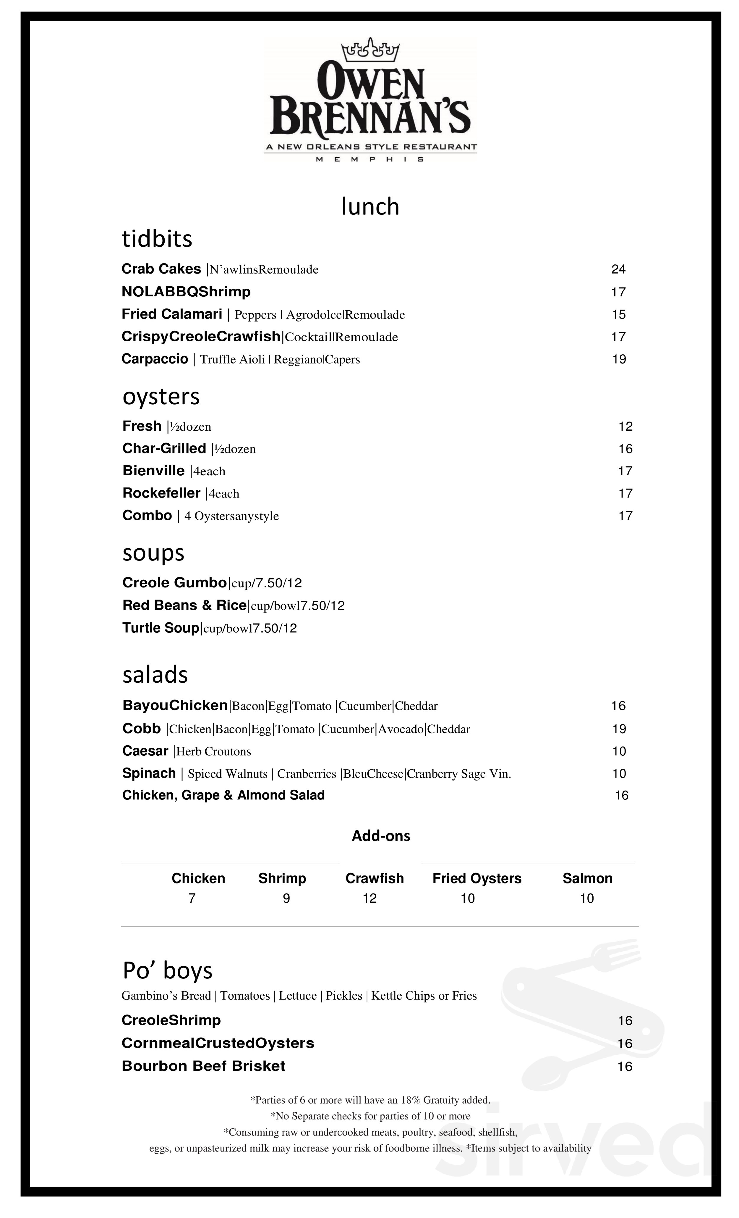 Owen Brennan's menu in Memphis, Tennessee, USA