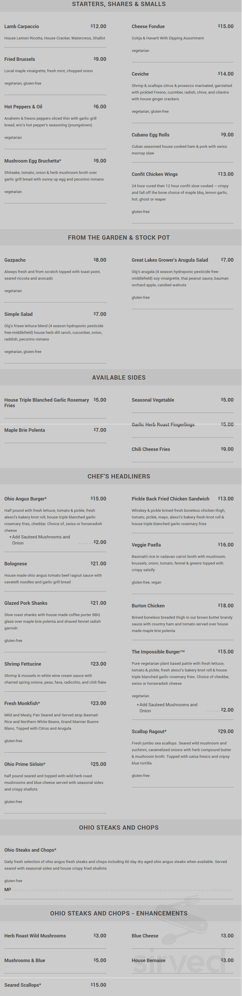 Menu for Warren's Spirited Kitchen in Burton, OH | Sirved