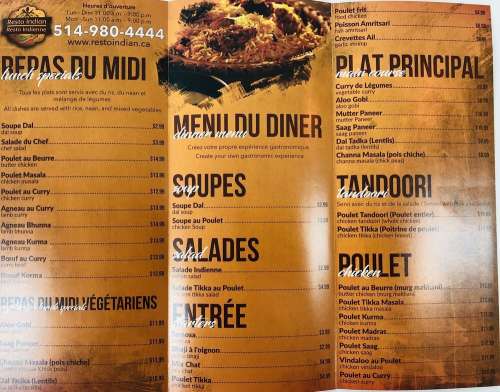 Resto Indian menu in Montréal, Quebec, Canada