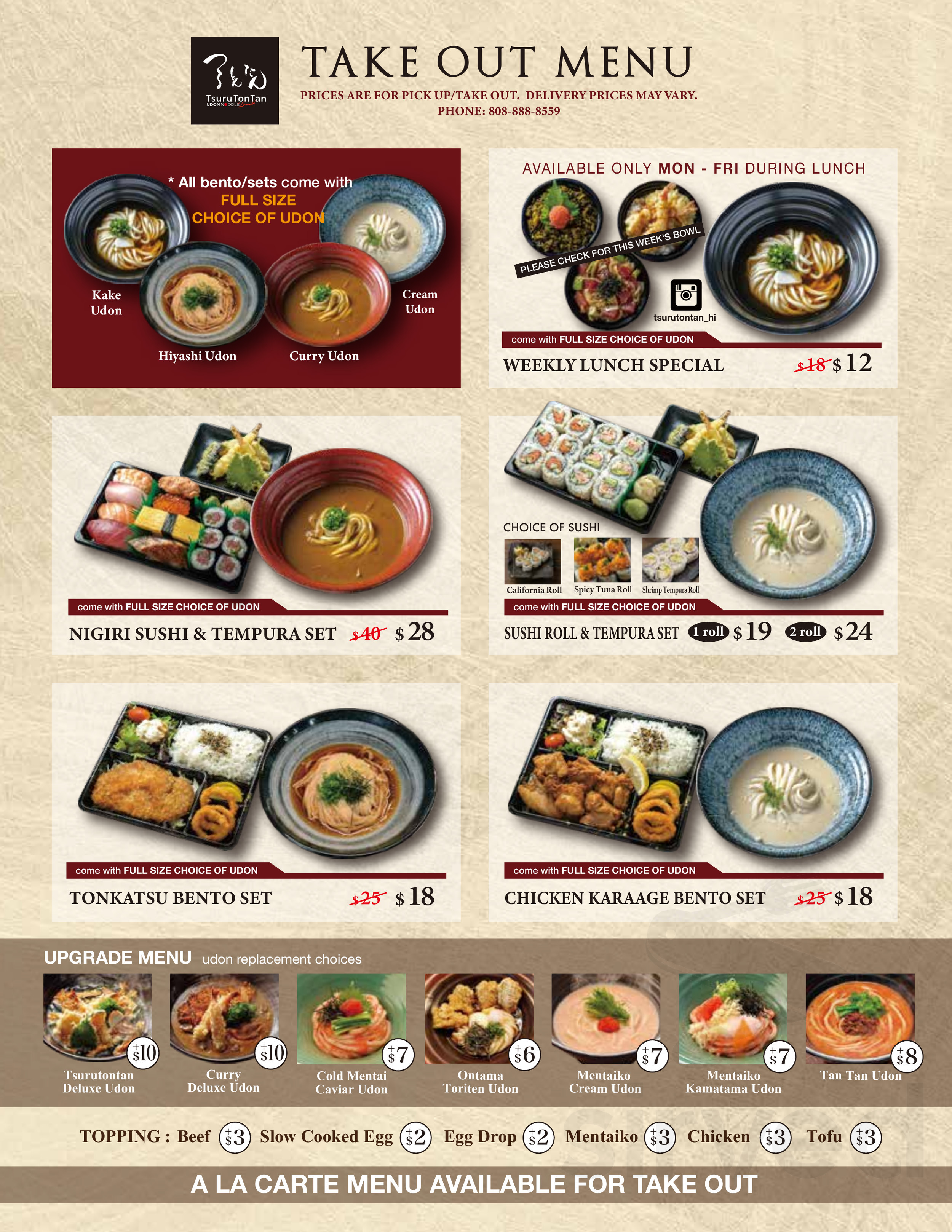 Tsuru Ton Tan menu in Honolulu, Hawaii, USA