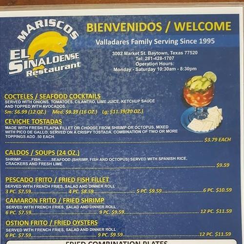 El Sinaloense menu in Baytown, Texas, USA