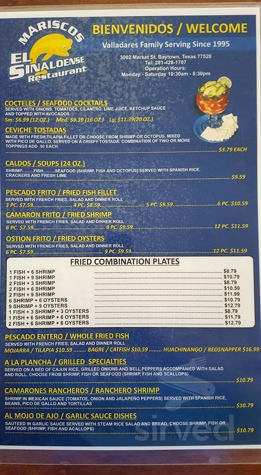El Sinaloense menu in Baytown, Texas, USA