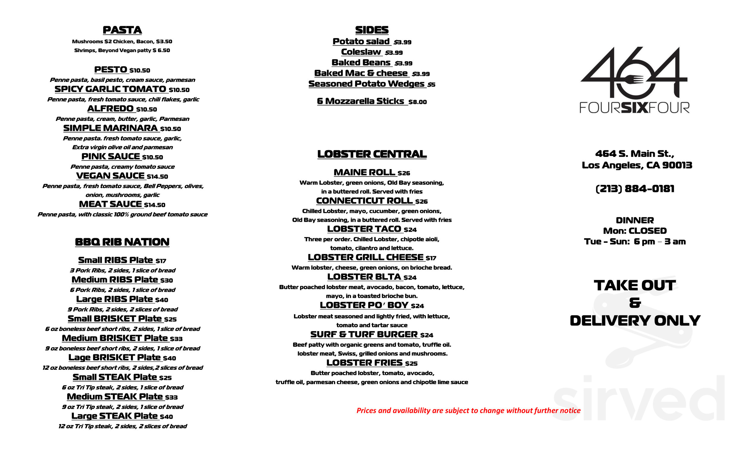 Menu - Los Angeles CA's 464 | Sirved