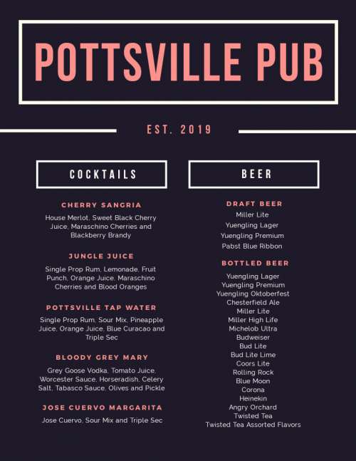 Pottsville Pub menu in Pottsville, Pennsylvania, USA