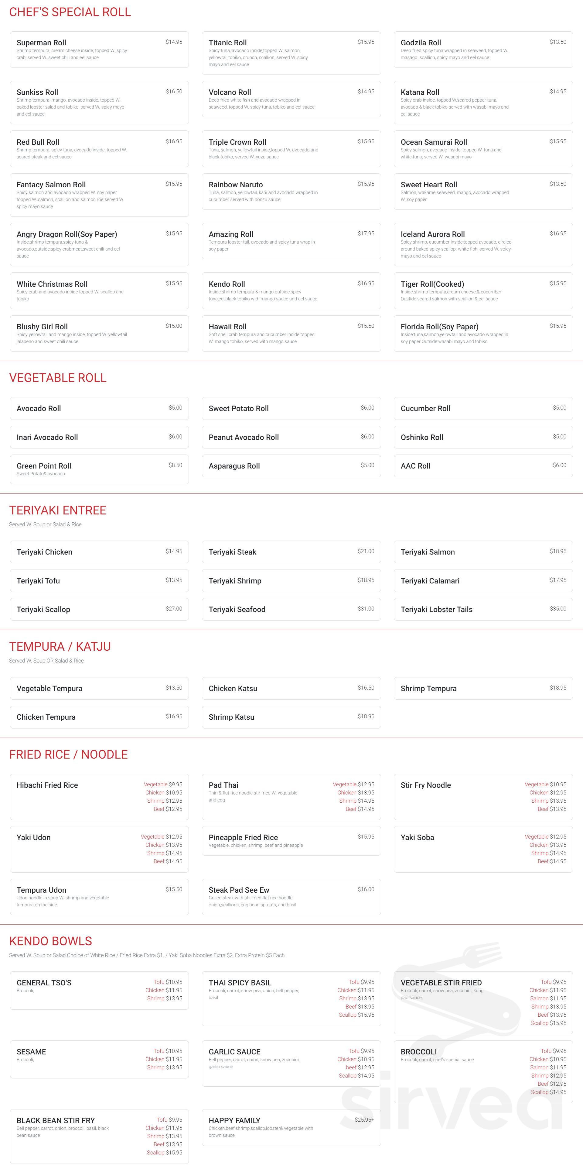 Menu for Kendo Asian Cuisine Sushi and Hibachi in Venice, FL | Sirved