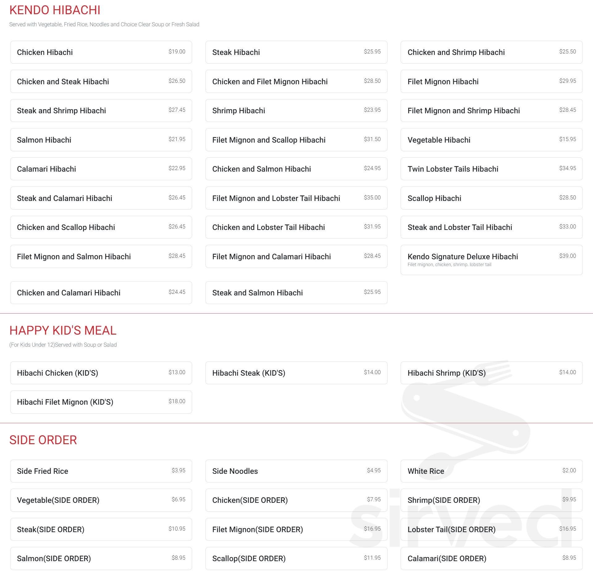 Kendo Asian Cuisine Sushi and Hibachi menu in Venice, Florida, USA