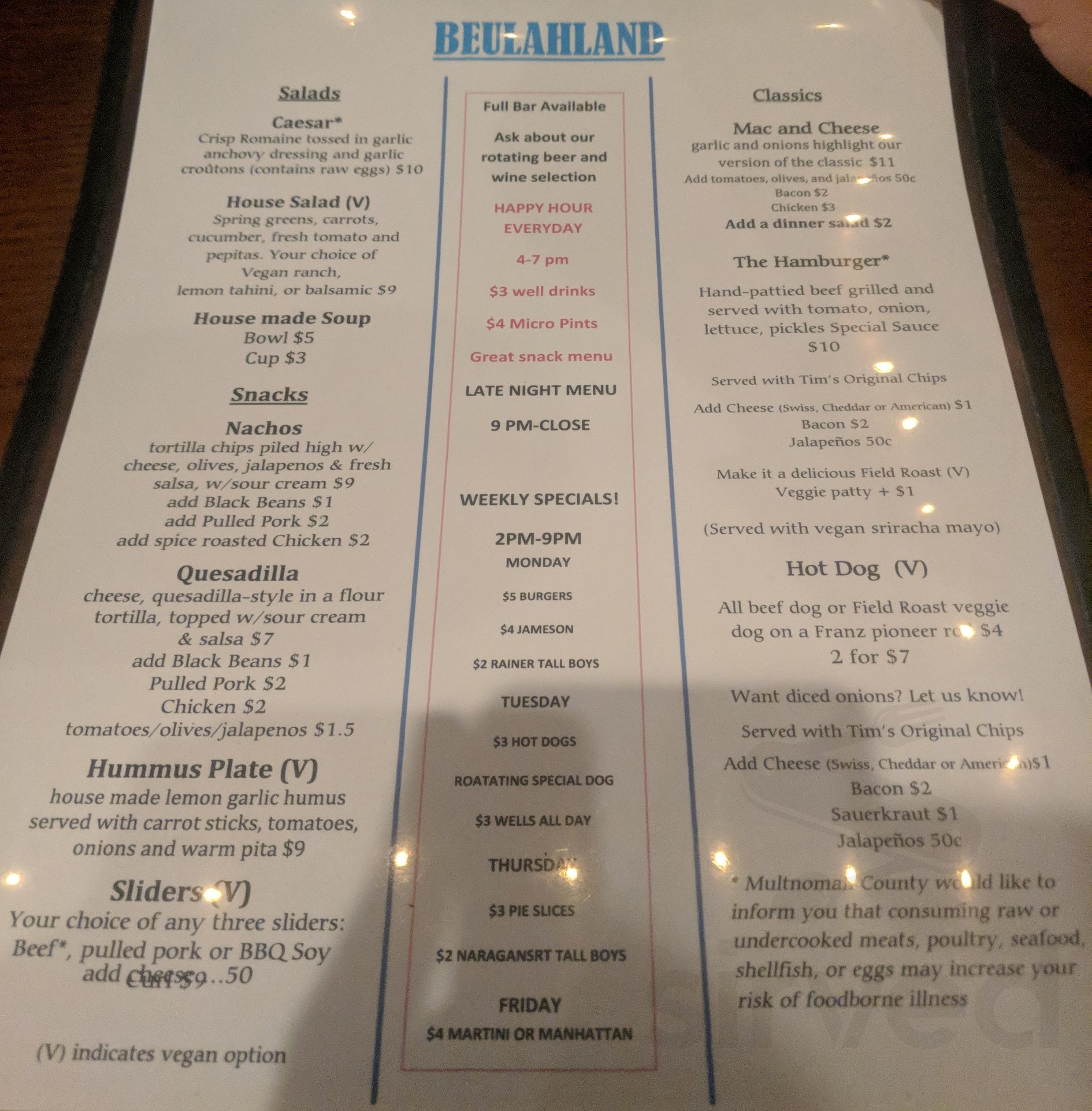 Beulahland menus in Portland, Oregon, United States
