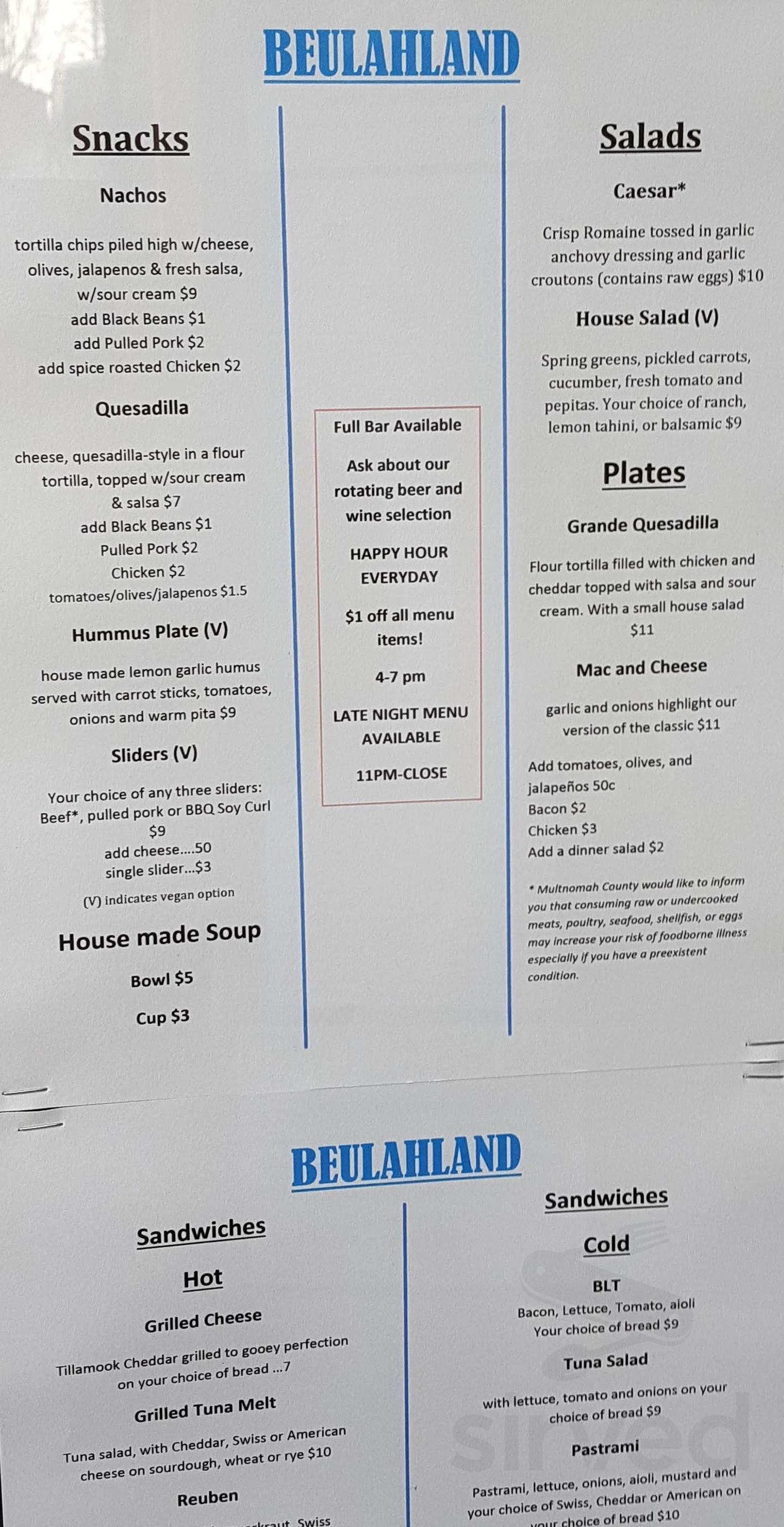 Beulahland menus in Portland, Oregon, United States