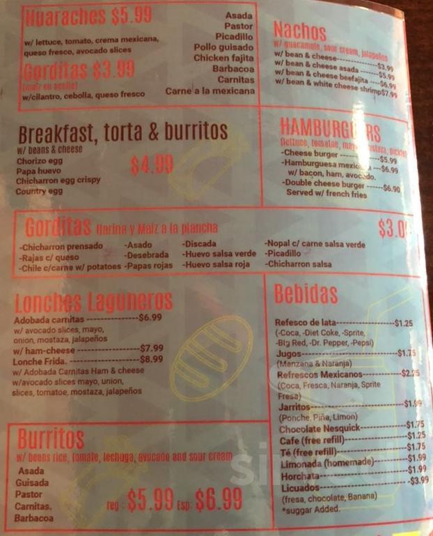 Frida's Taqueria menu in San Antonio, Texas, USA