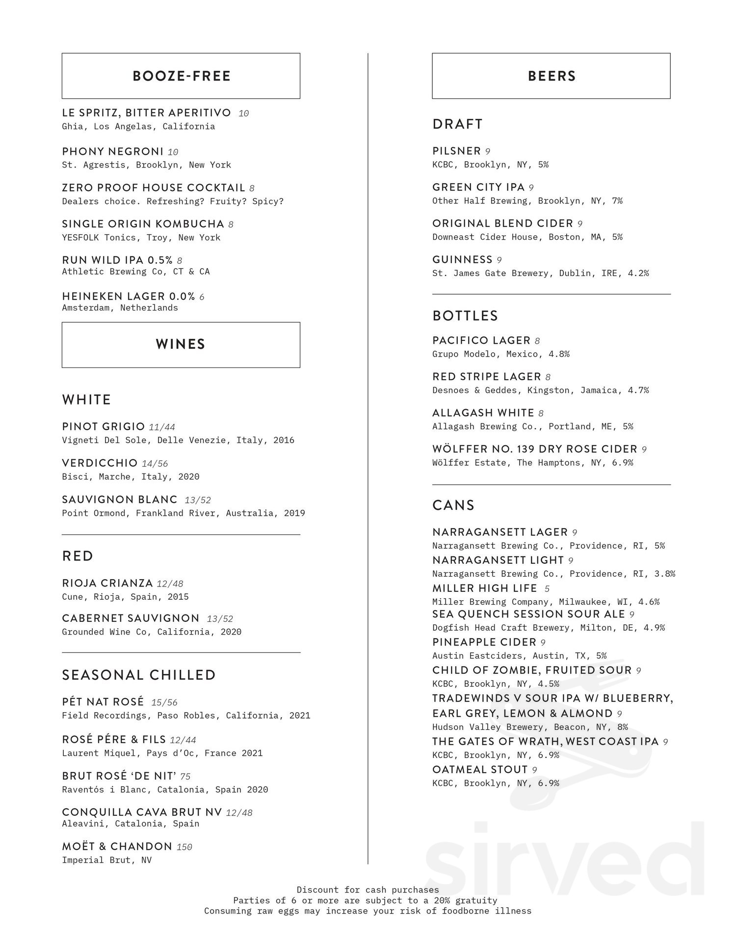 The Tippler menu in New York, New York, USA