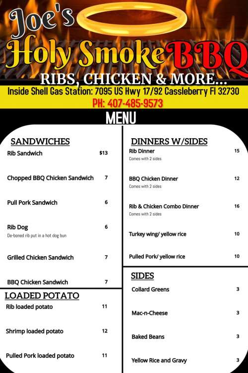 Joe's Holy Smoke menu in Casselberry, Florida, USA