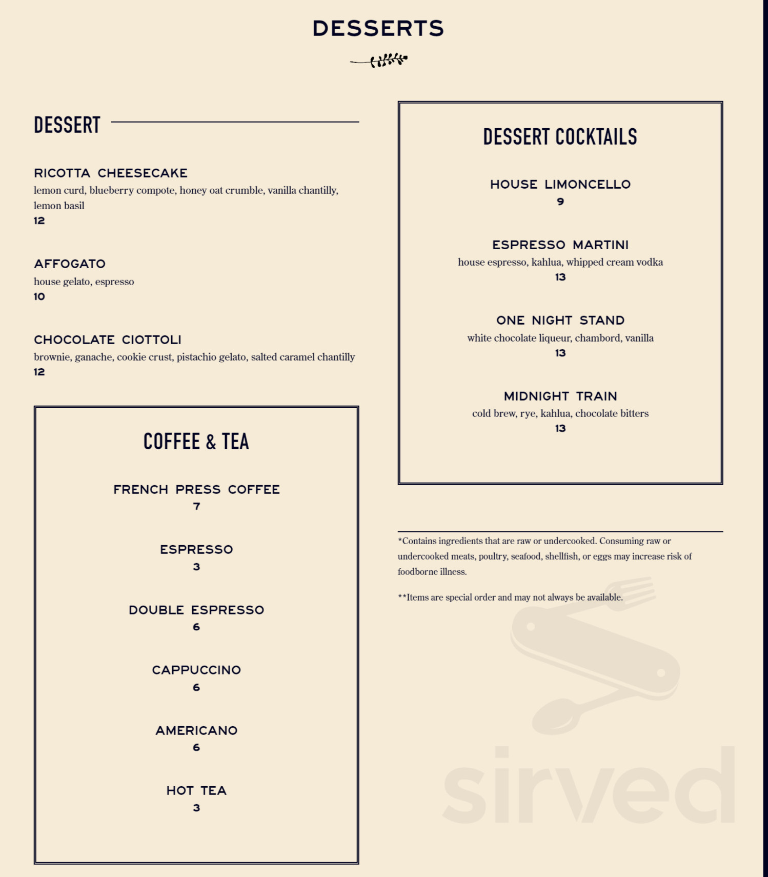 Indaco menu in Charlotte, North Carolina, USA