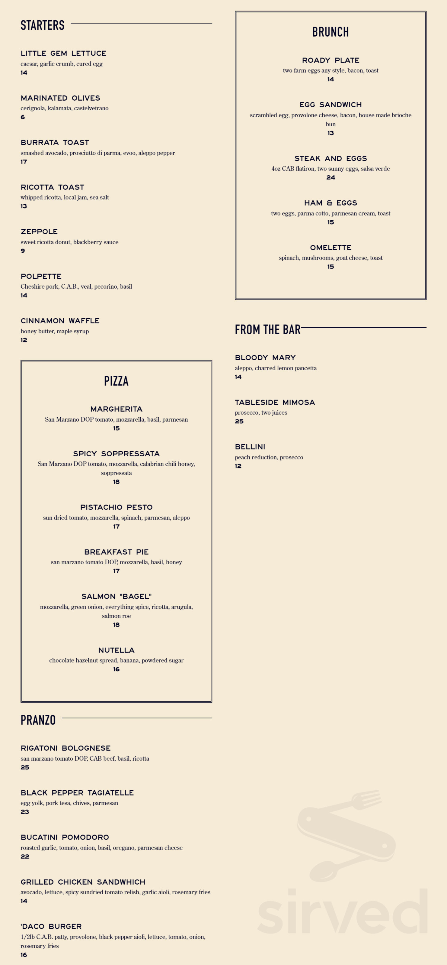 Indaco menu in Charlotte, North Carolina, USA