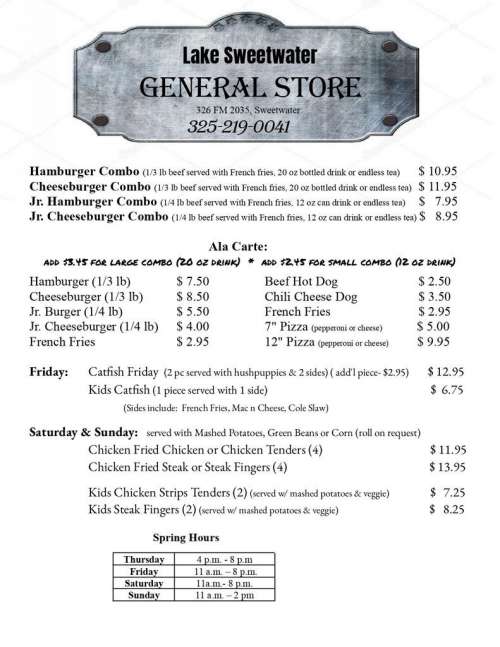 Lake Sweetwater General Store menu in Sweetwater, Texas, USA
