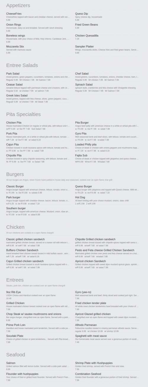 The Park Restaurant menu in Burlington, North Carolina, USA