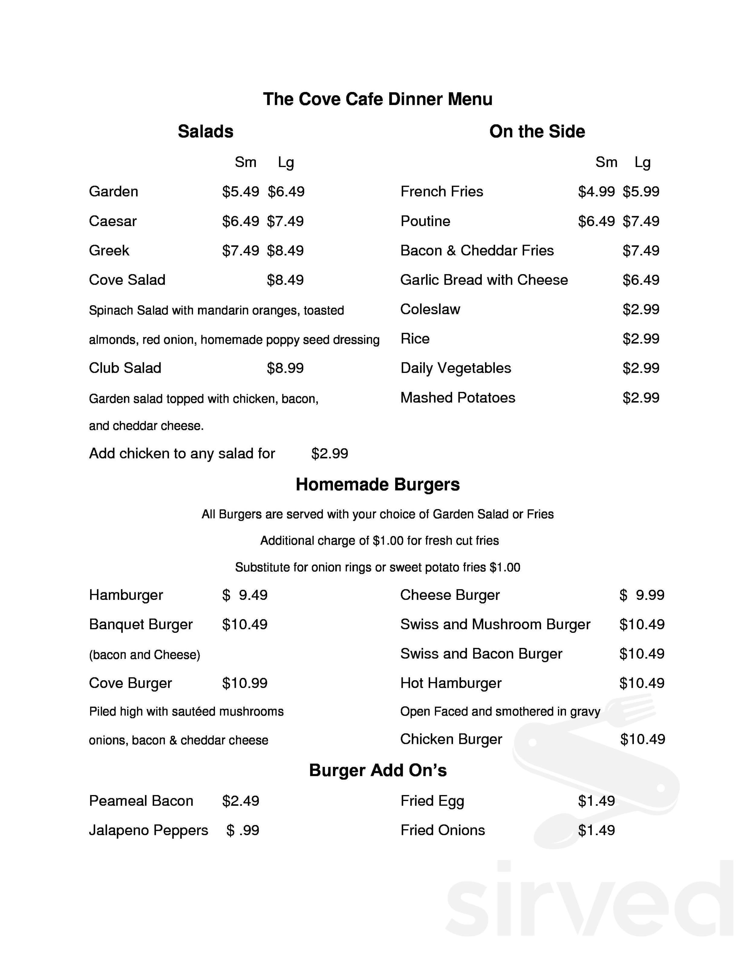 The Cove Cafe menu in Innisfil, Ontario, Canada