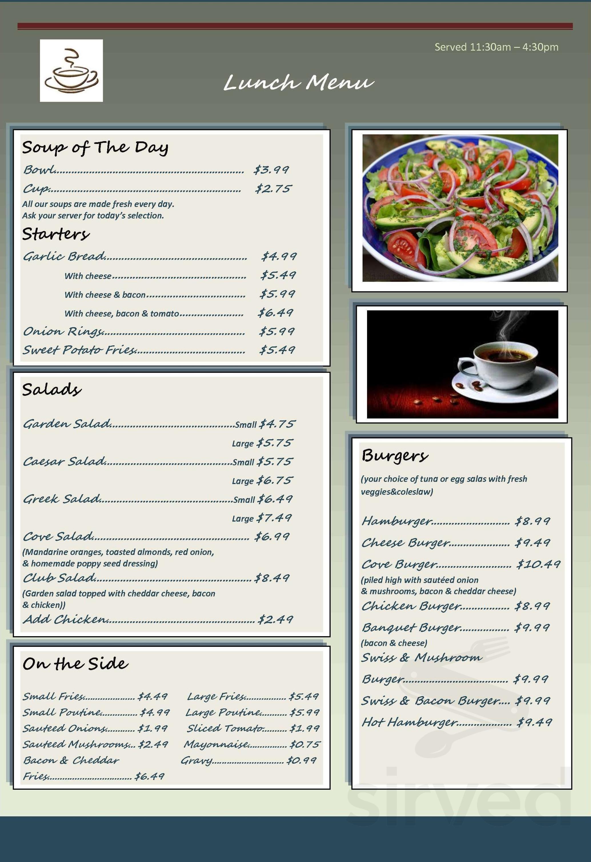 The Cove Cafe menu in Innisfil, Ontario, Canada