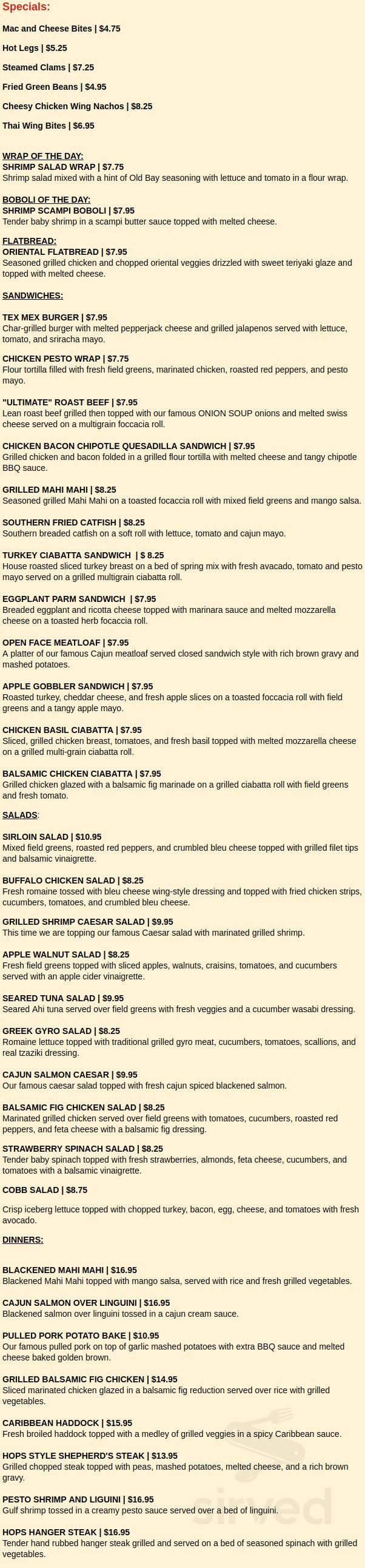 Hops & Barleys menu in Luzerne, Pennsylvania, USA