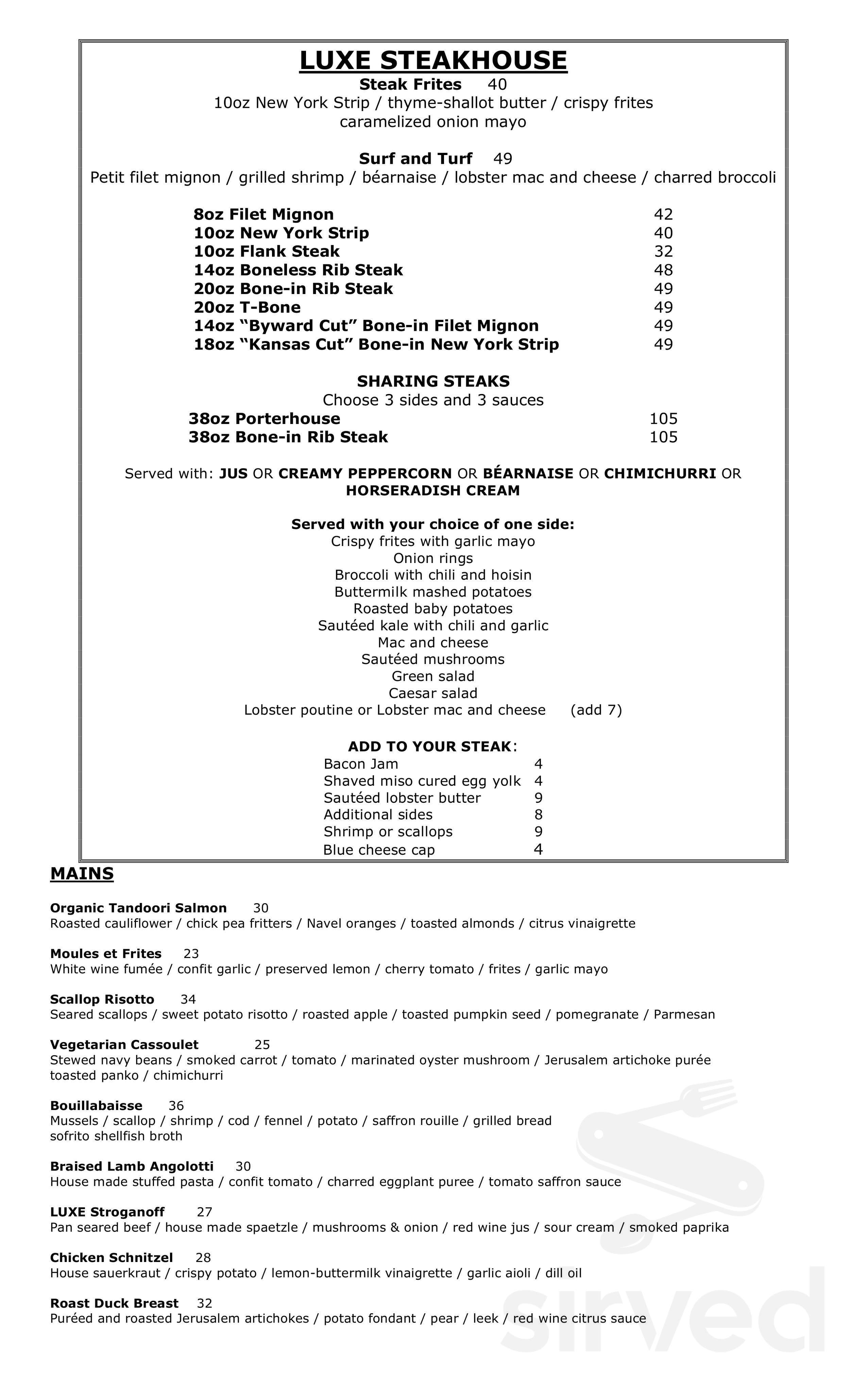 Luxe Bistro menu in Ottawa, Ontario, Canada