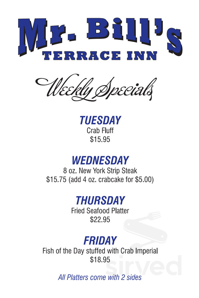 Mr. Bill's Terrace Inn Crab House menu in Essex, Maryland, USA