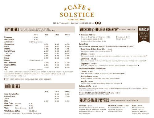 Cafe Solstice menu in Seattle, Washington, USA