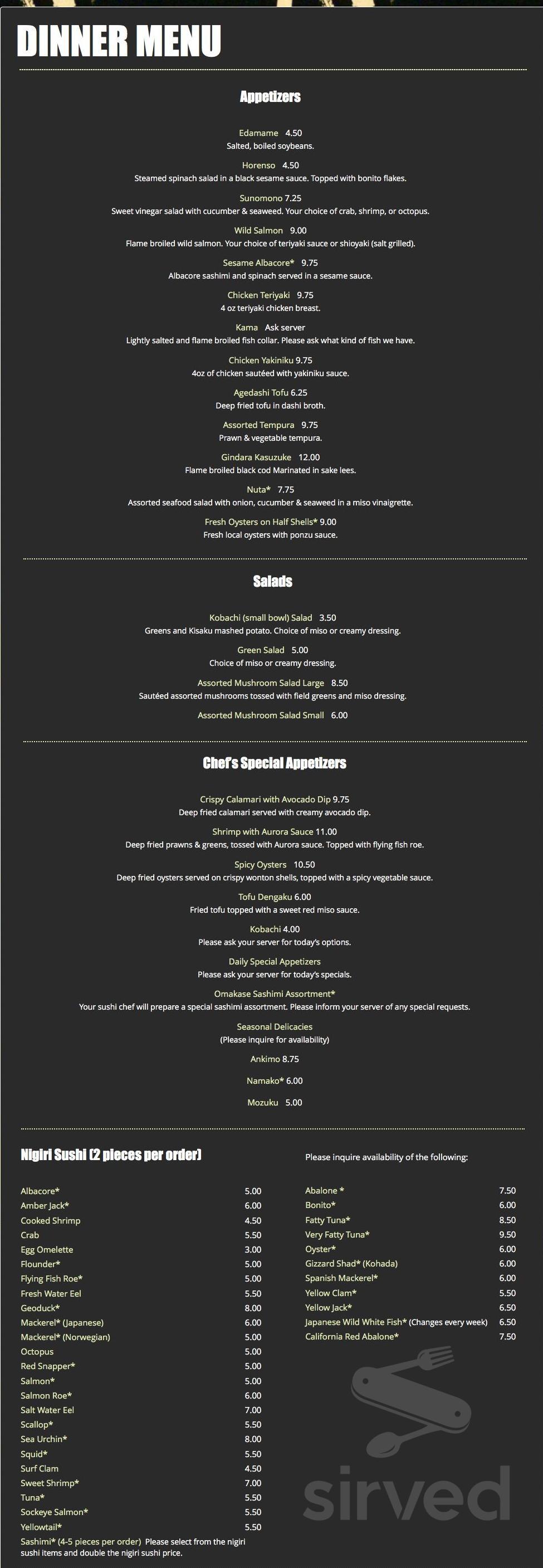 Kisaku Sushi menus in Seattle, Washington, United States